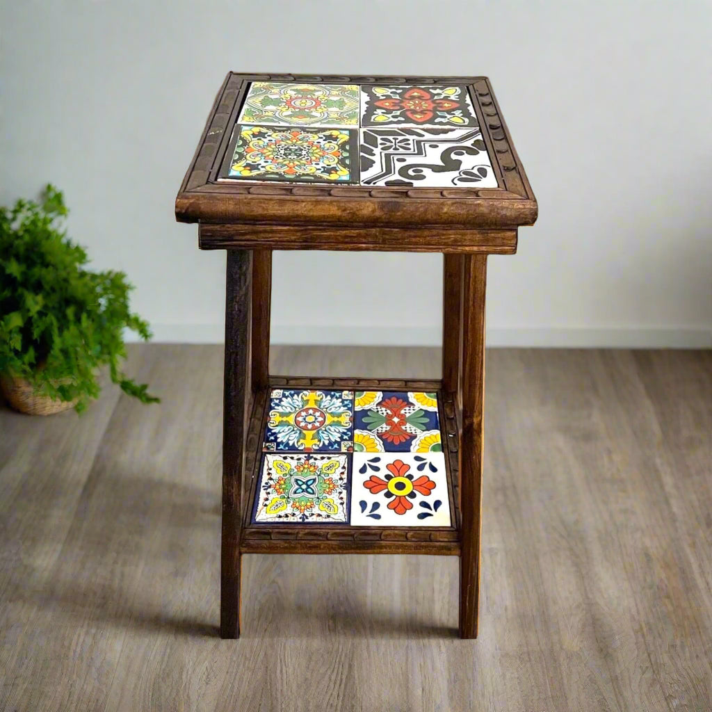 Square Talavera Tile End Table | Handmade Mexican Wood Accent Table ...
