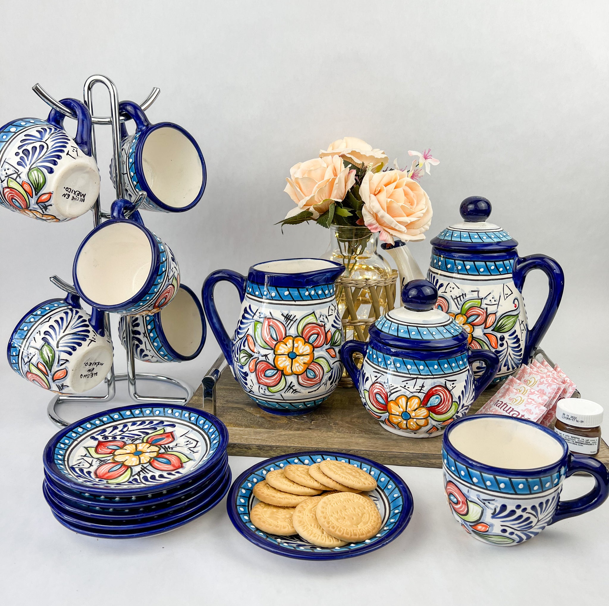 Mexican Talavera Dinnerware Set 15 pc Tea Coffee Mexican Pottery Set ...